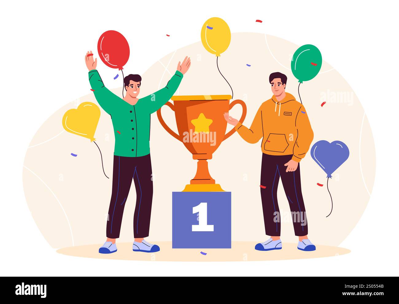 Winners with cup. Men near huge trophy and balloons. Business team ...