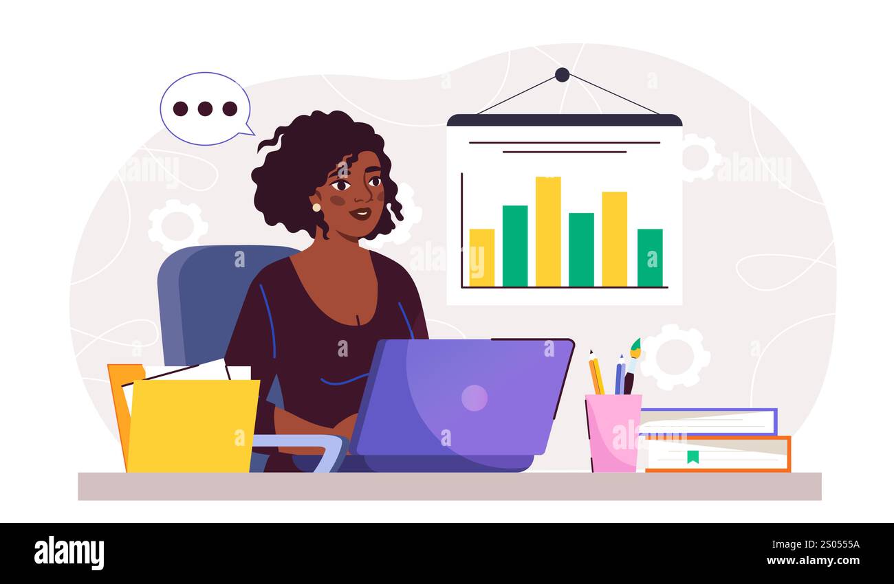 Businesswoman work with graphs. Woman with laptop sitting near charts ...