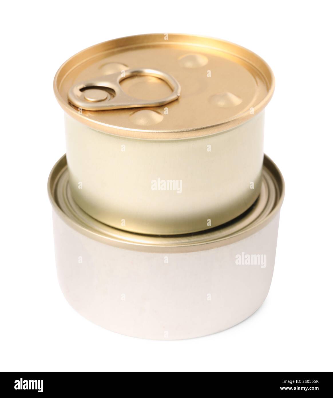 Pet food in tin cans isolated on white Stock Photo - Alamy