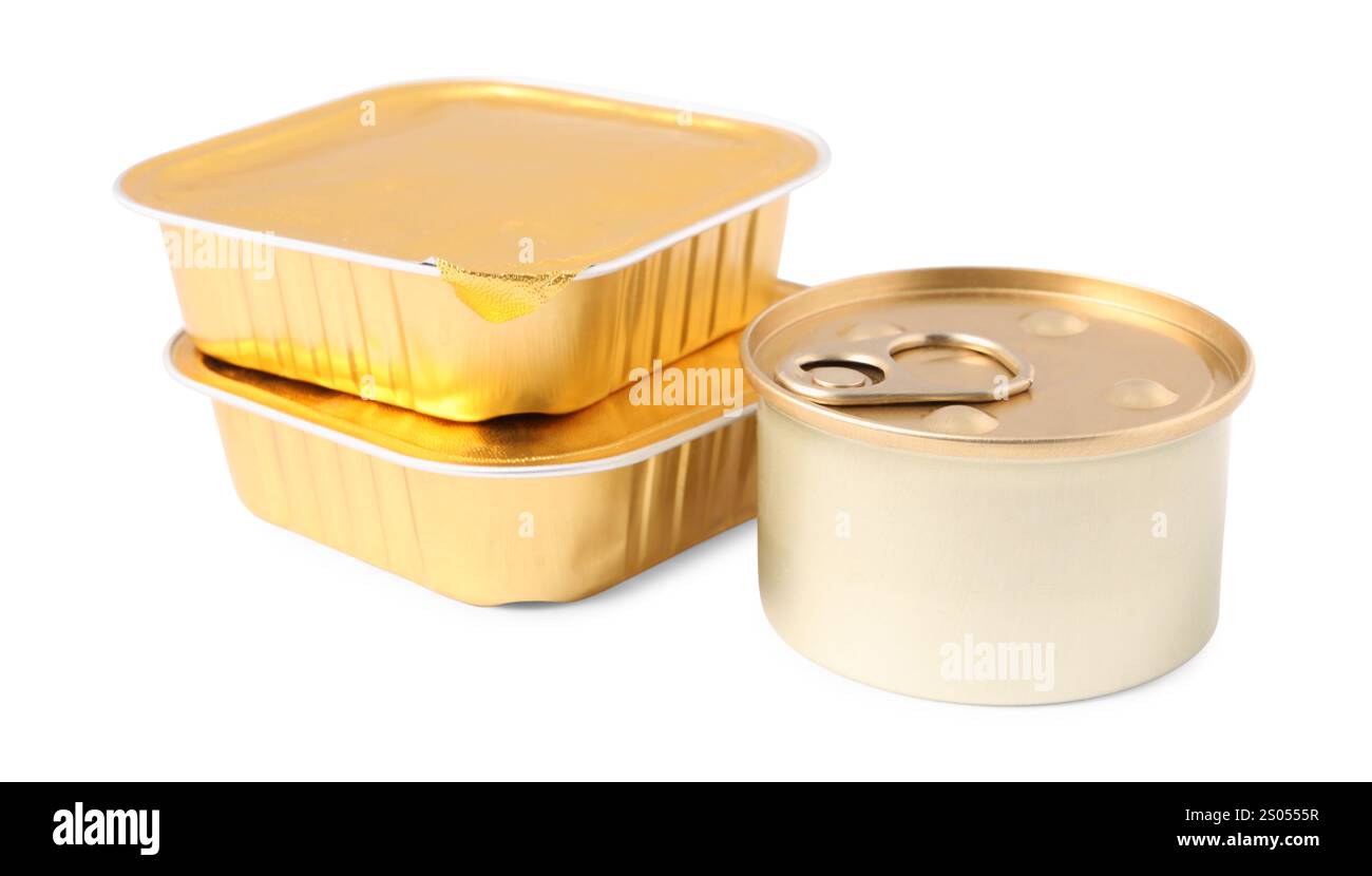 Pet food in foil containers and tin can isolated on white Stock Photo ...