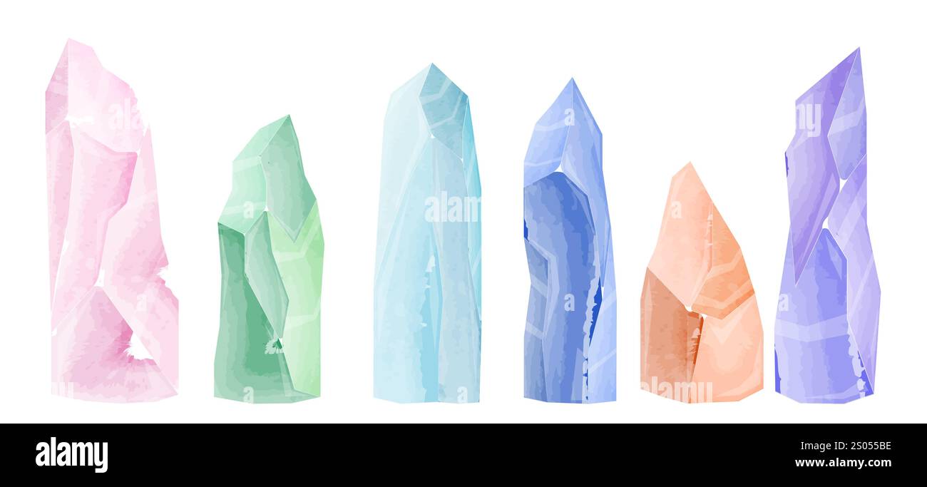 Watercolor crystals set. Pink, green, blue and orange stones and ...