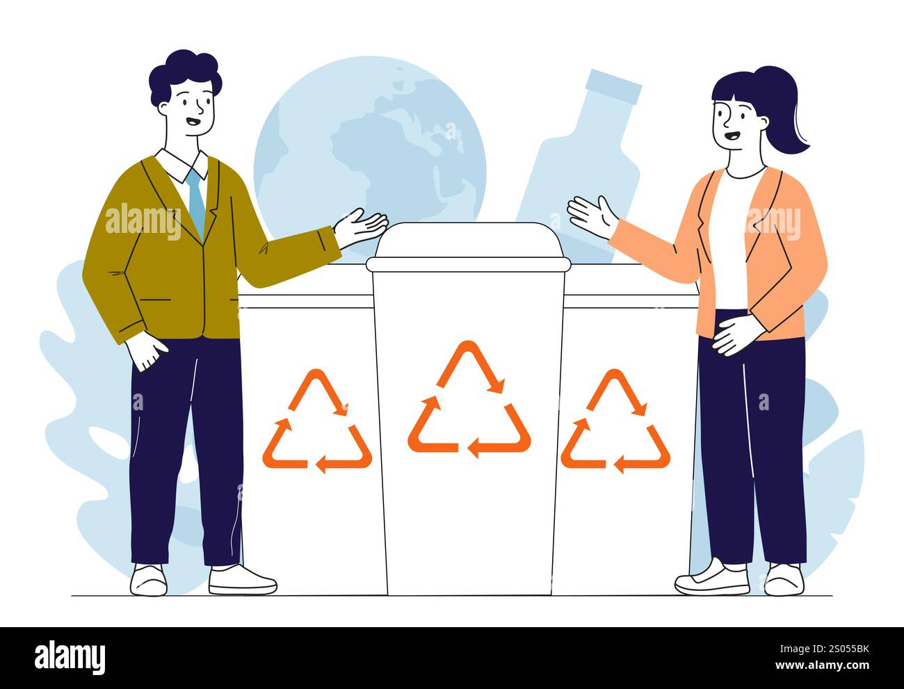 People sorting waste. Man and woman near garbage containers with botles ...