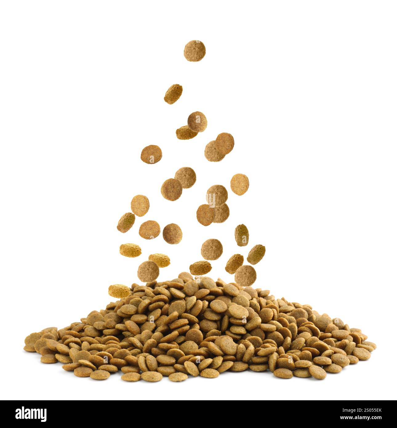 Dry pet food falling onto heap on white background Stock Photo - Alamy