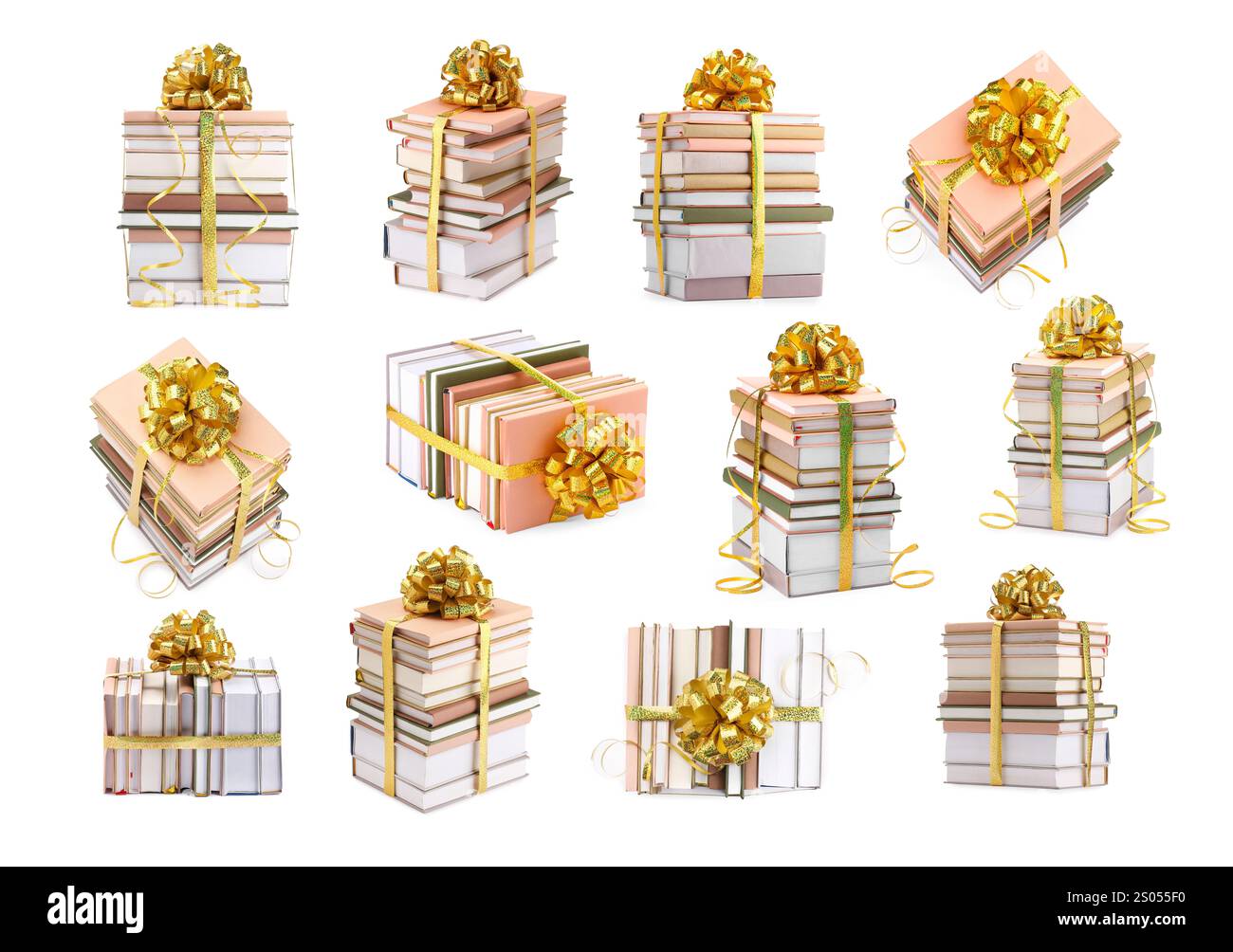 Stacked books decorated with golden color bows isolated on white. Nice ...