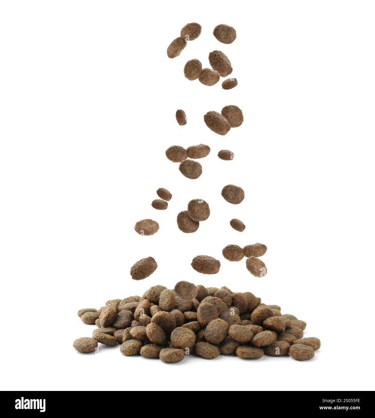 Dry pet food falling onto heap on white background Stock Photo - Alamy