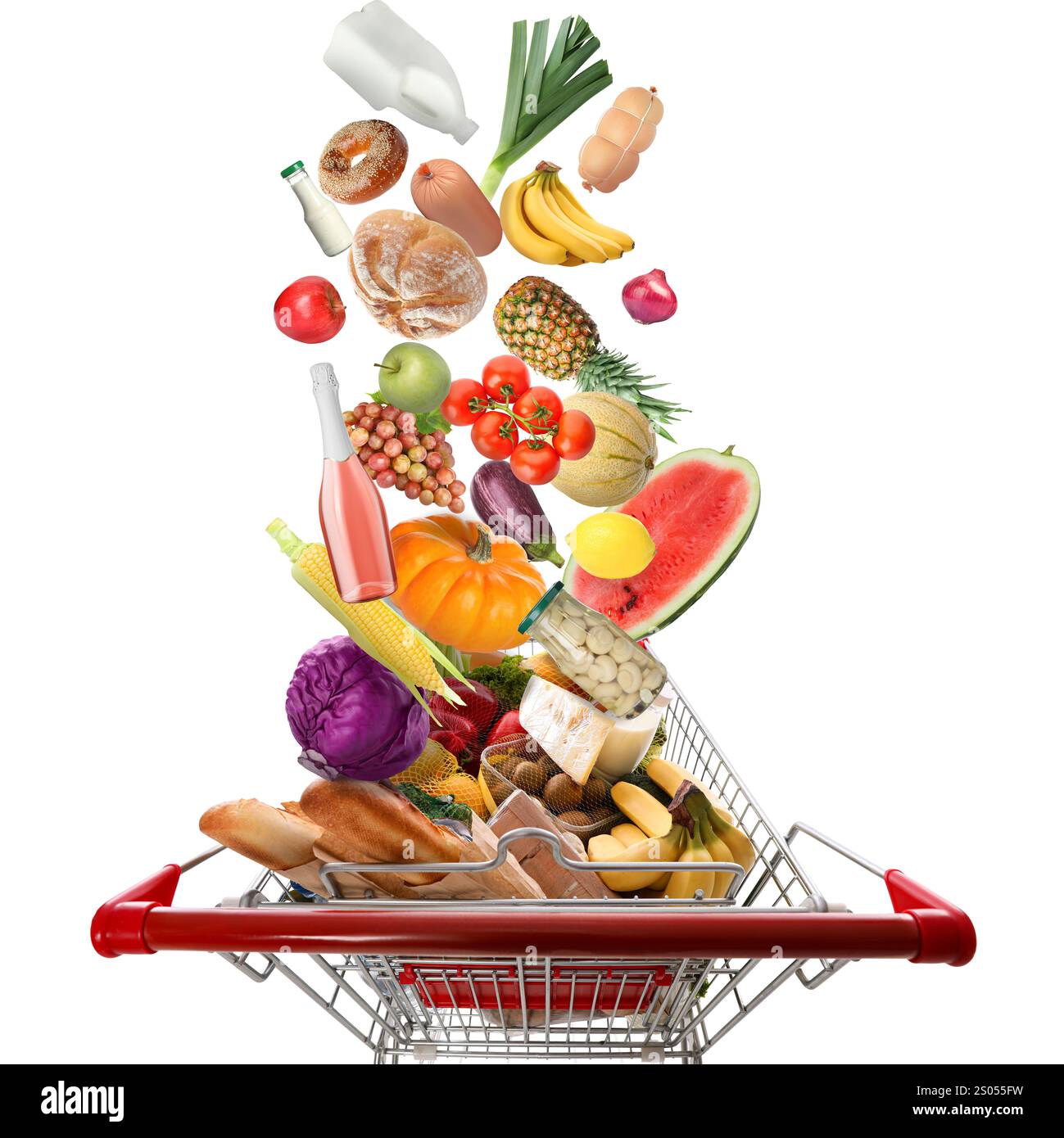 Many different products falling into shopping cart on white background ...