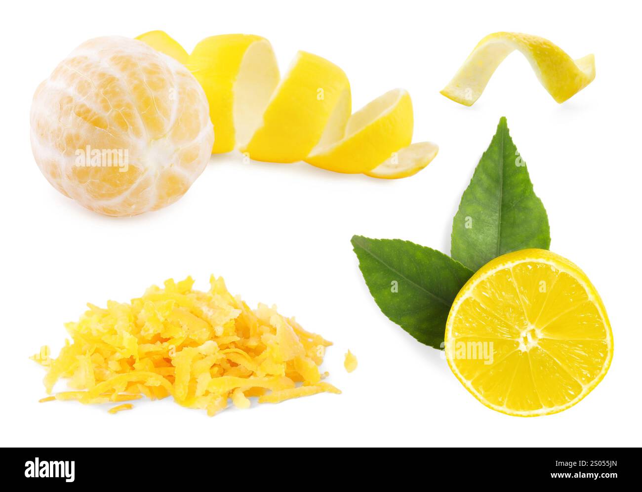Fresh lemons, peels and zest on white background Stock Photo - Alamy