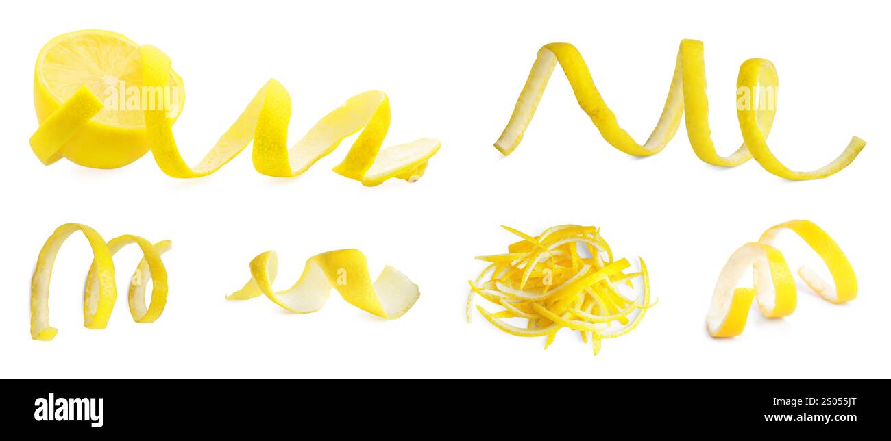 Fresh lemon, peels and zest on white background Stock Photo - Alamy