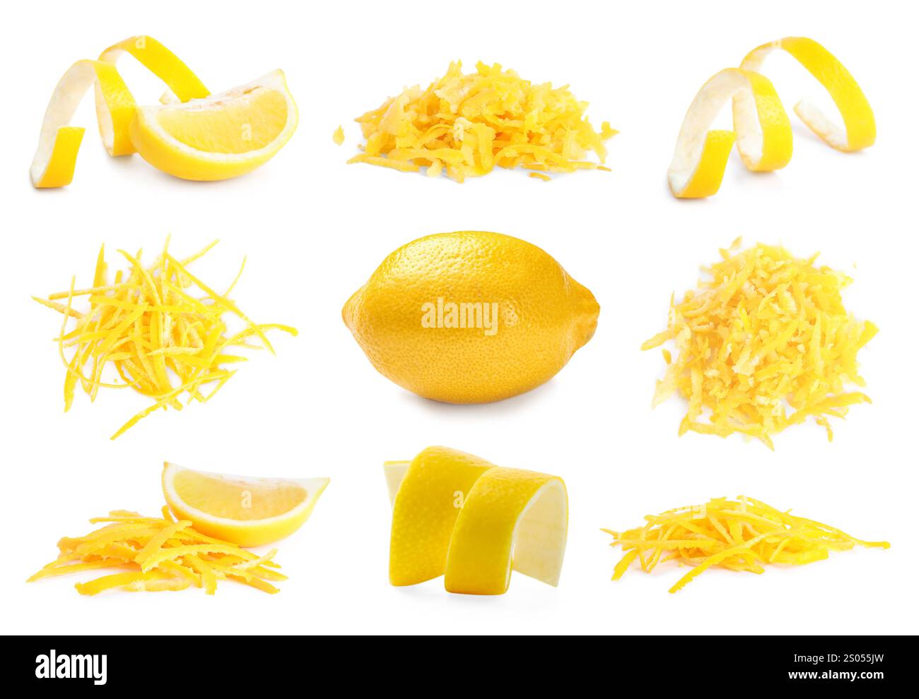 Fresh lemons, peels and zest on white background Stock Photo - Alamy