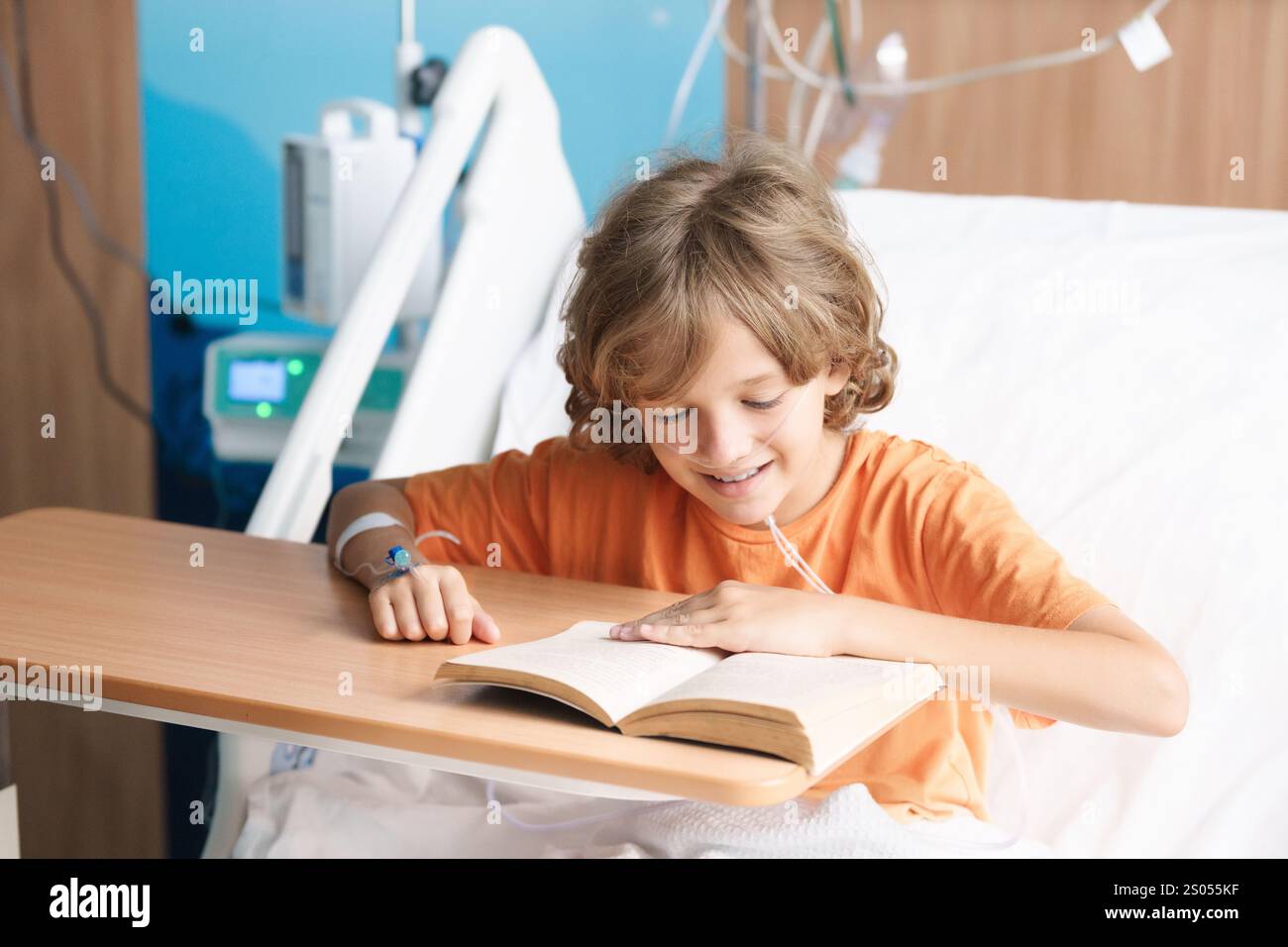 Sick child in hospital room. Kid in clinic ward. Little boy with oxygen ...