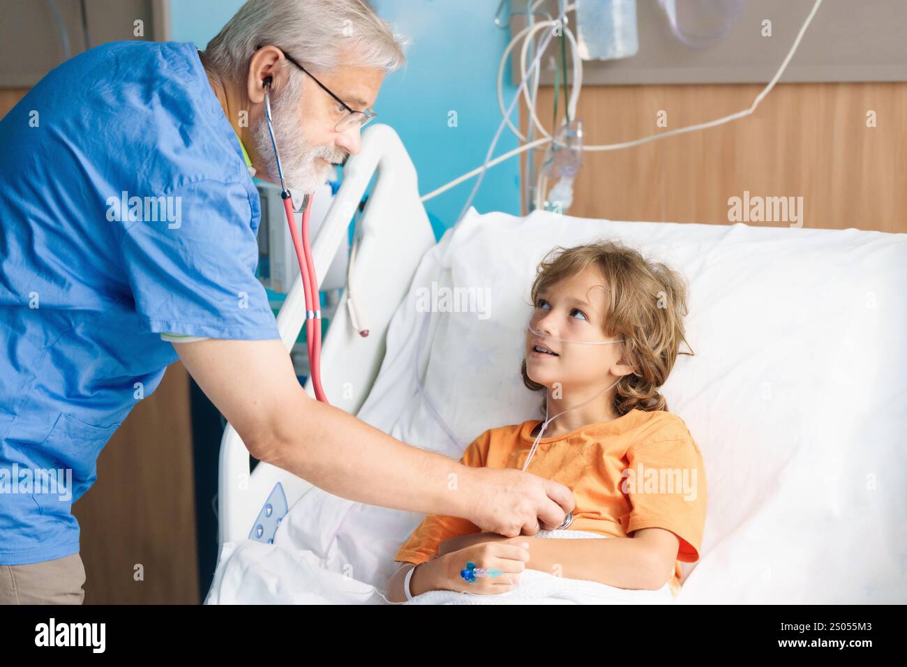 Sick child in hospital room. Kid in clinic ward. Little boy with oxygen ...