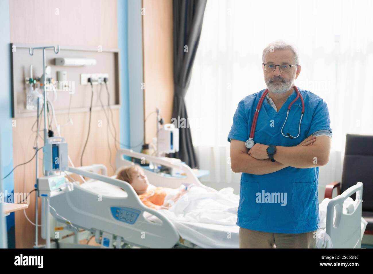 Sick child in hospital room. Kid in clinic ward. Little boy with oxygen ...