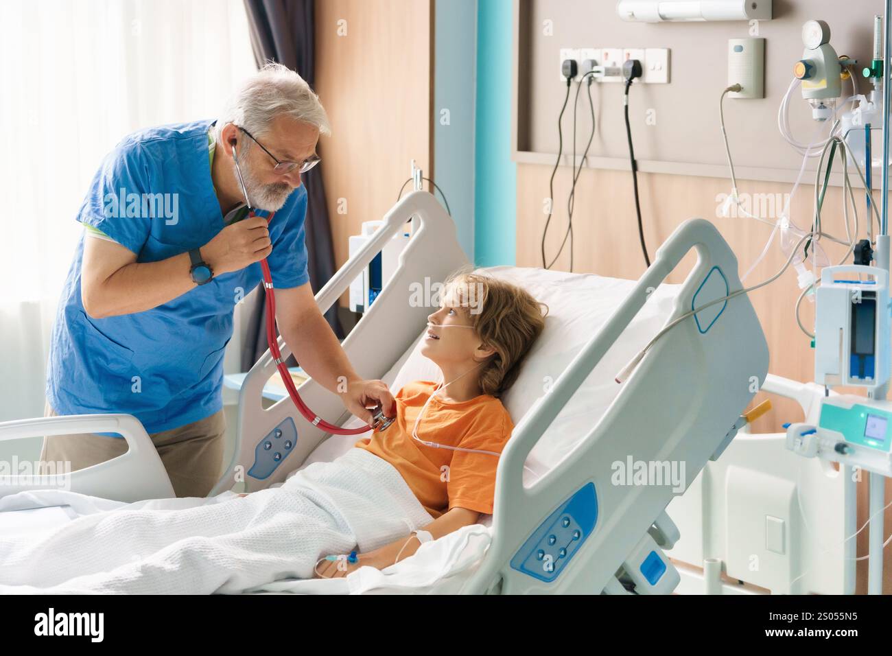Sick child in hospital room. Kid in clinic ward. Little boy with oxygen ...