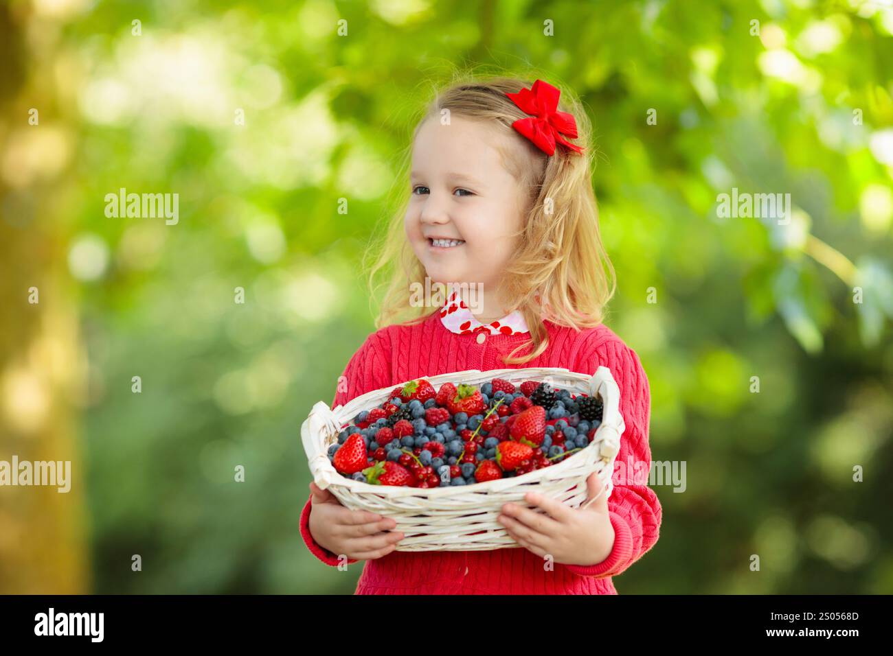 Child picking berries on a farm. Little girl eating strawberry ...