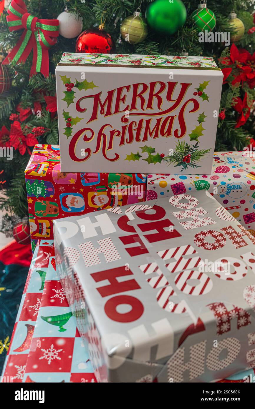 collection of Christmas gifts wrapped for Christmas Stock Photo - Alamy
