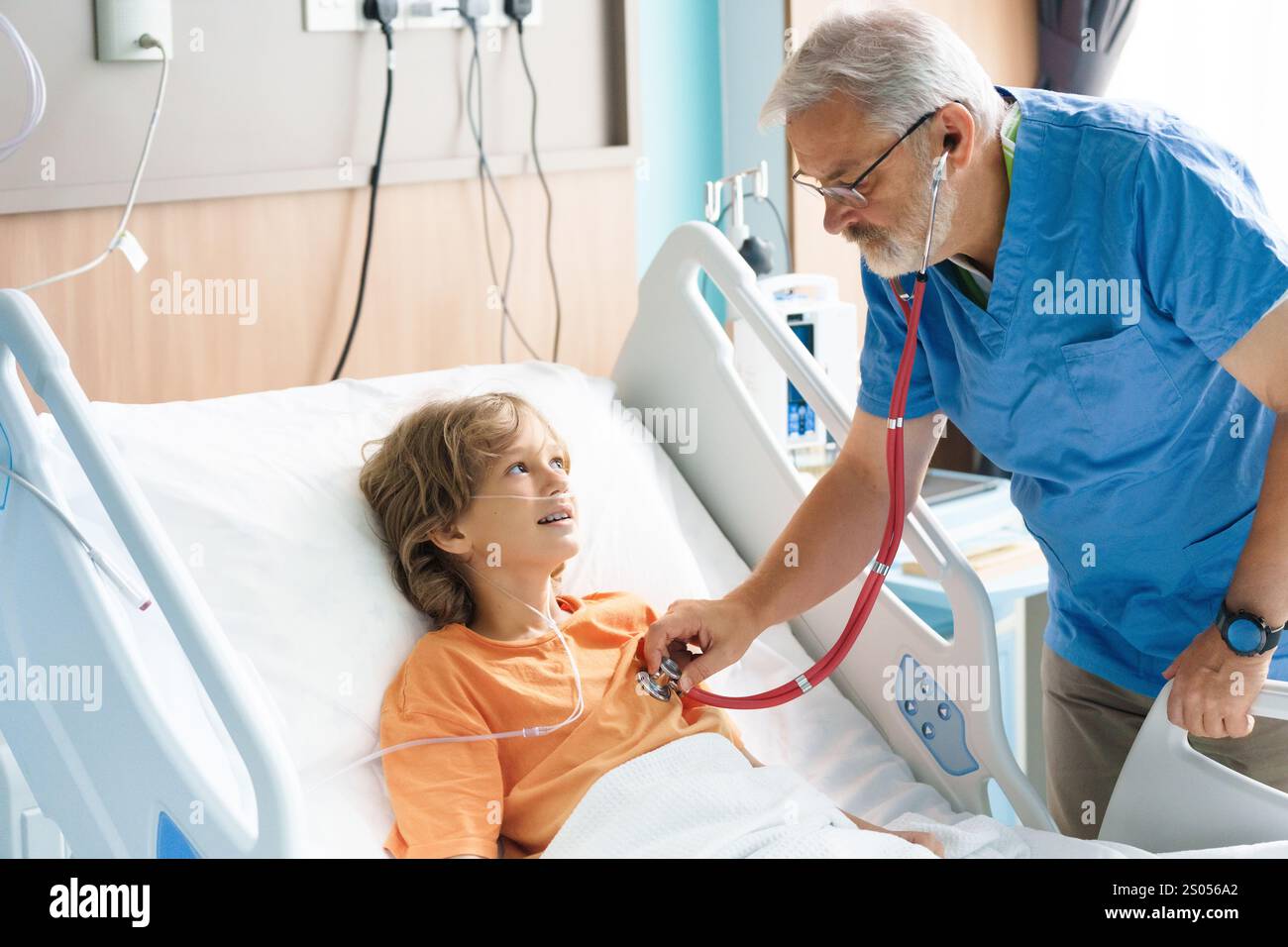 Sick child in hospital room. Kid in clinic ward. Little boy with oxygen ...