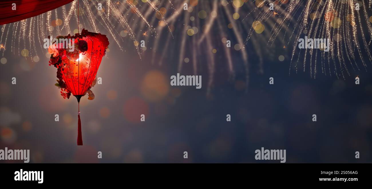 Chinese New Year lanterns and firework. Lunar new year celebration in ...
