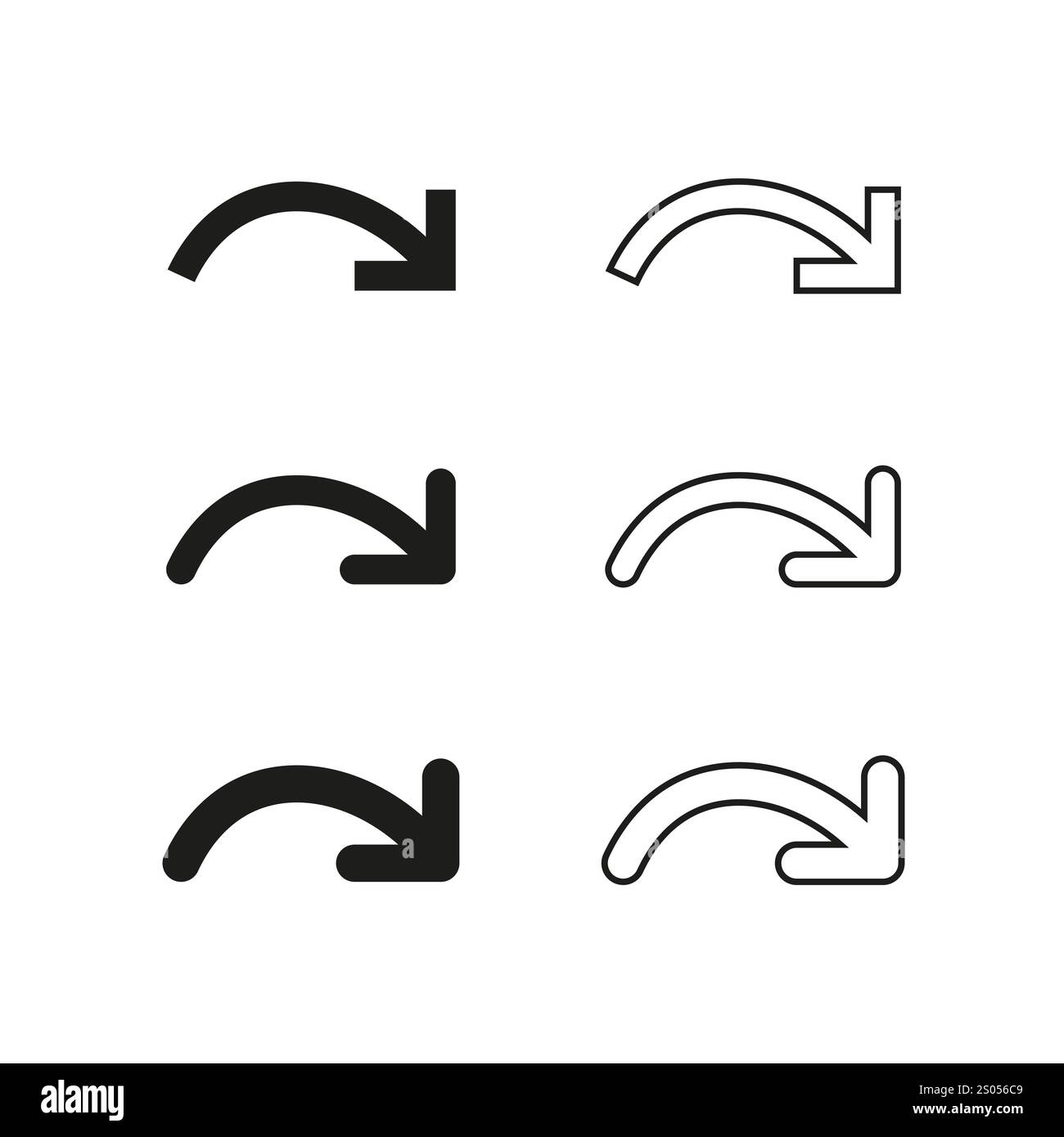 Curved arrow symbols. Directional graphic icons. Abstract vector shapes. Modern navigation ...