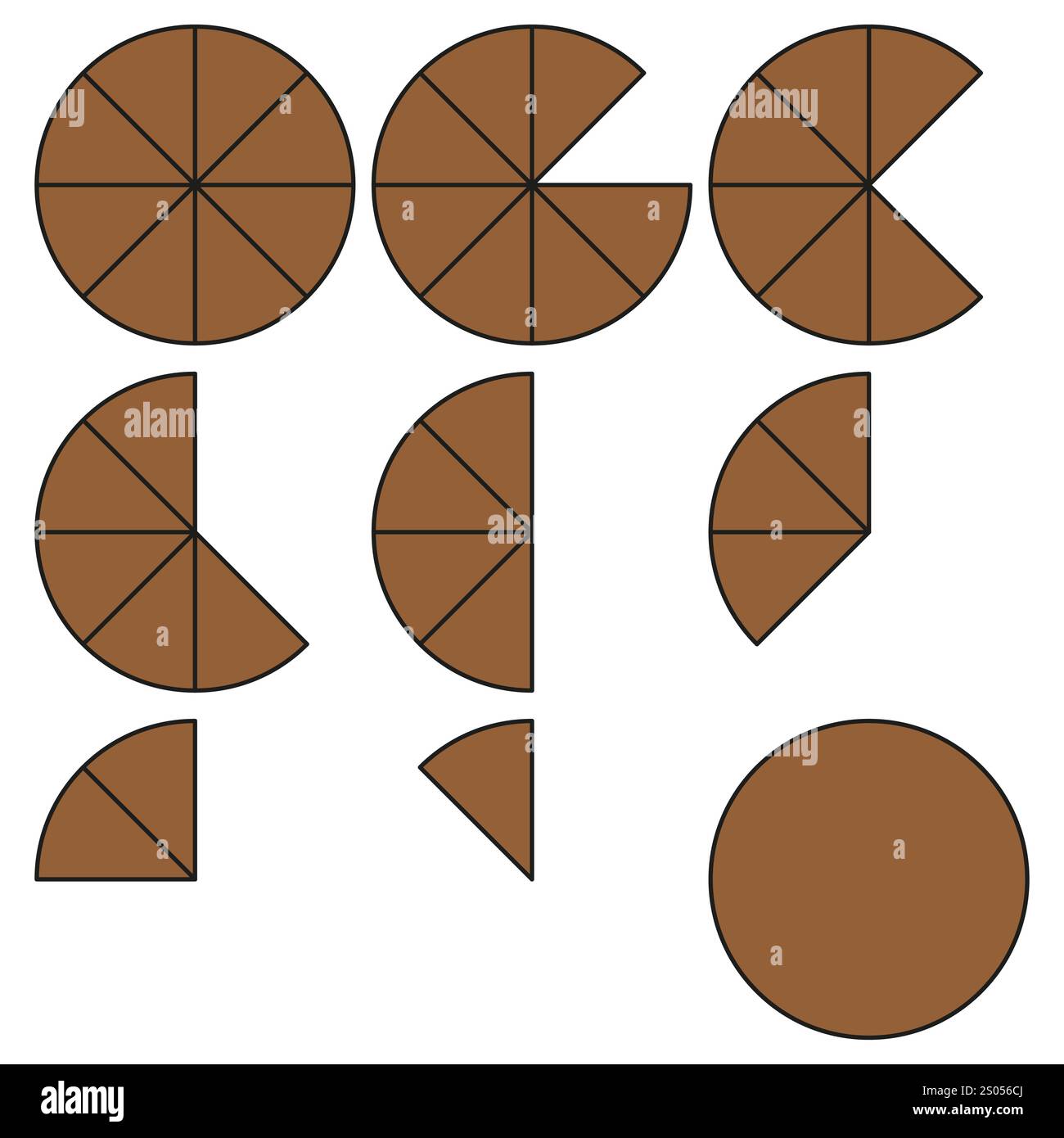 Circle fraction graphic. Geometric segmented shapes. Brown minimalist ...