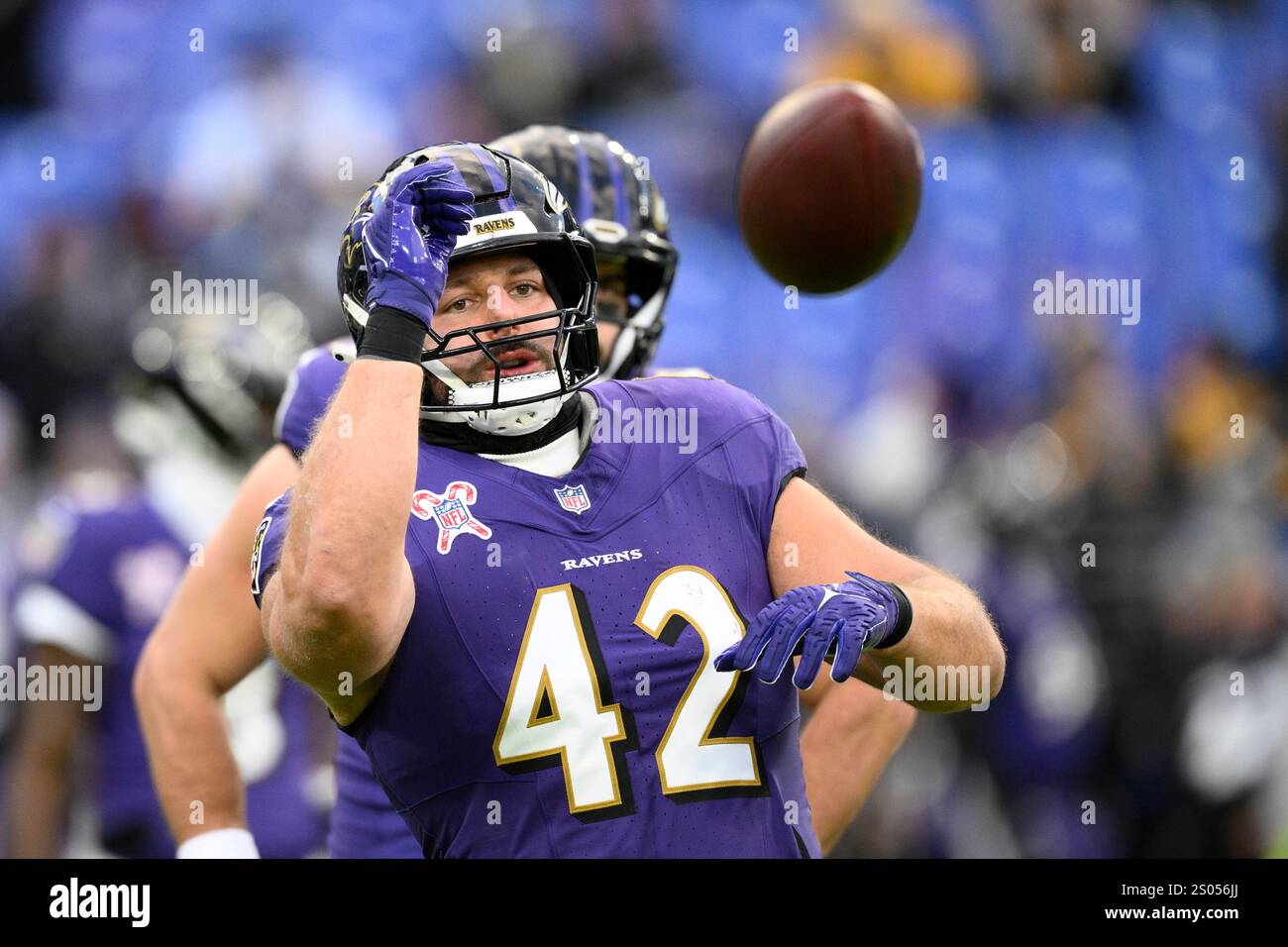 Baltimore Ravens fullback Patrick Ricard (42) works out before an NFL ...