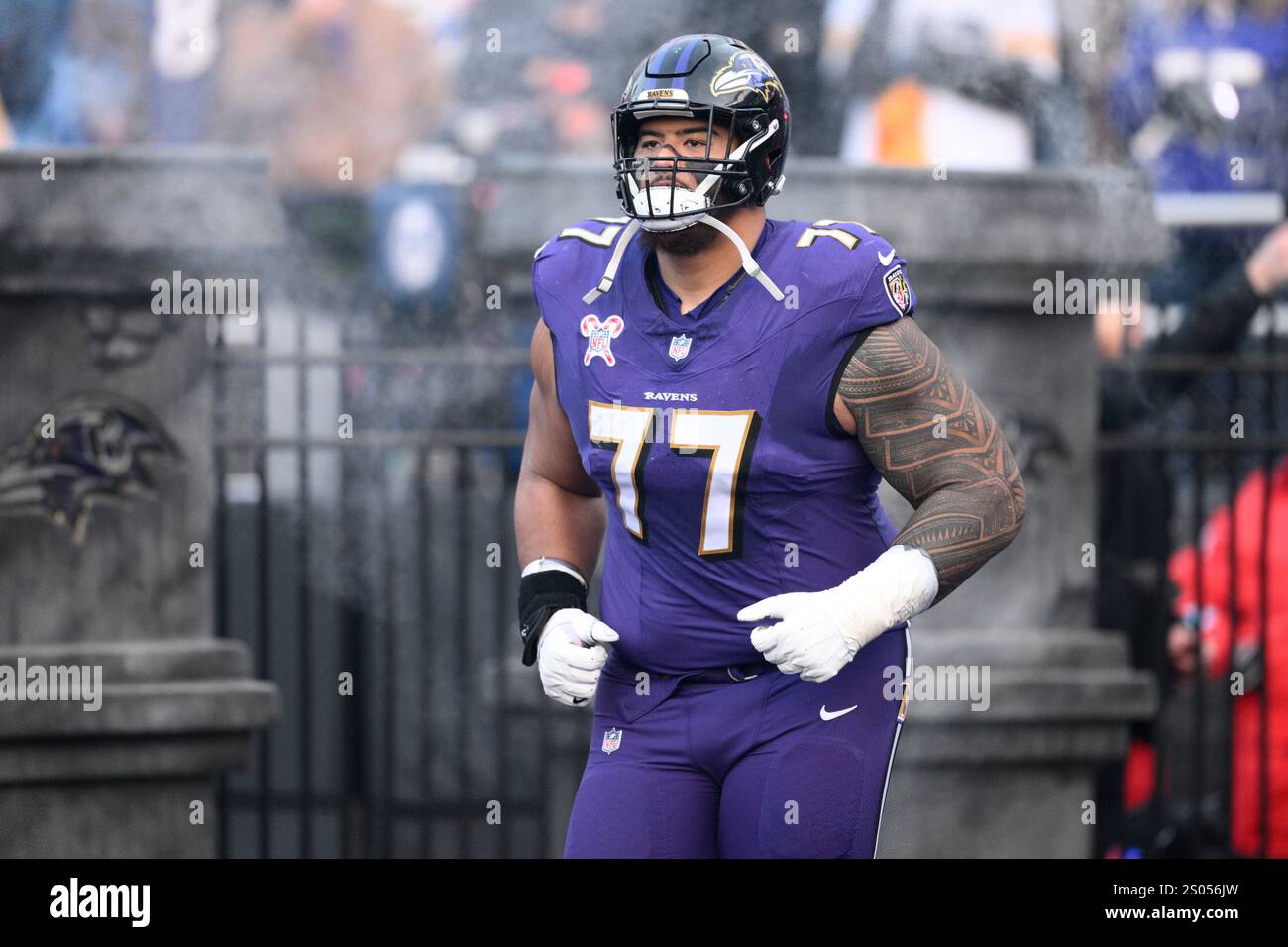 Baltimore Ravens offensive tackle Daniel Faalele (77) takes to the ...