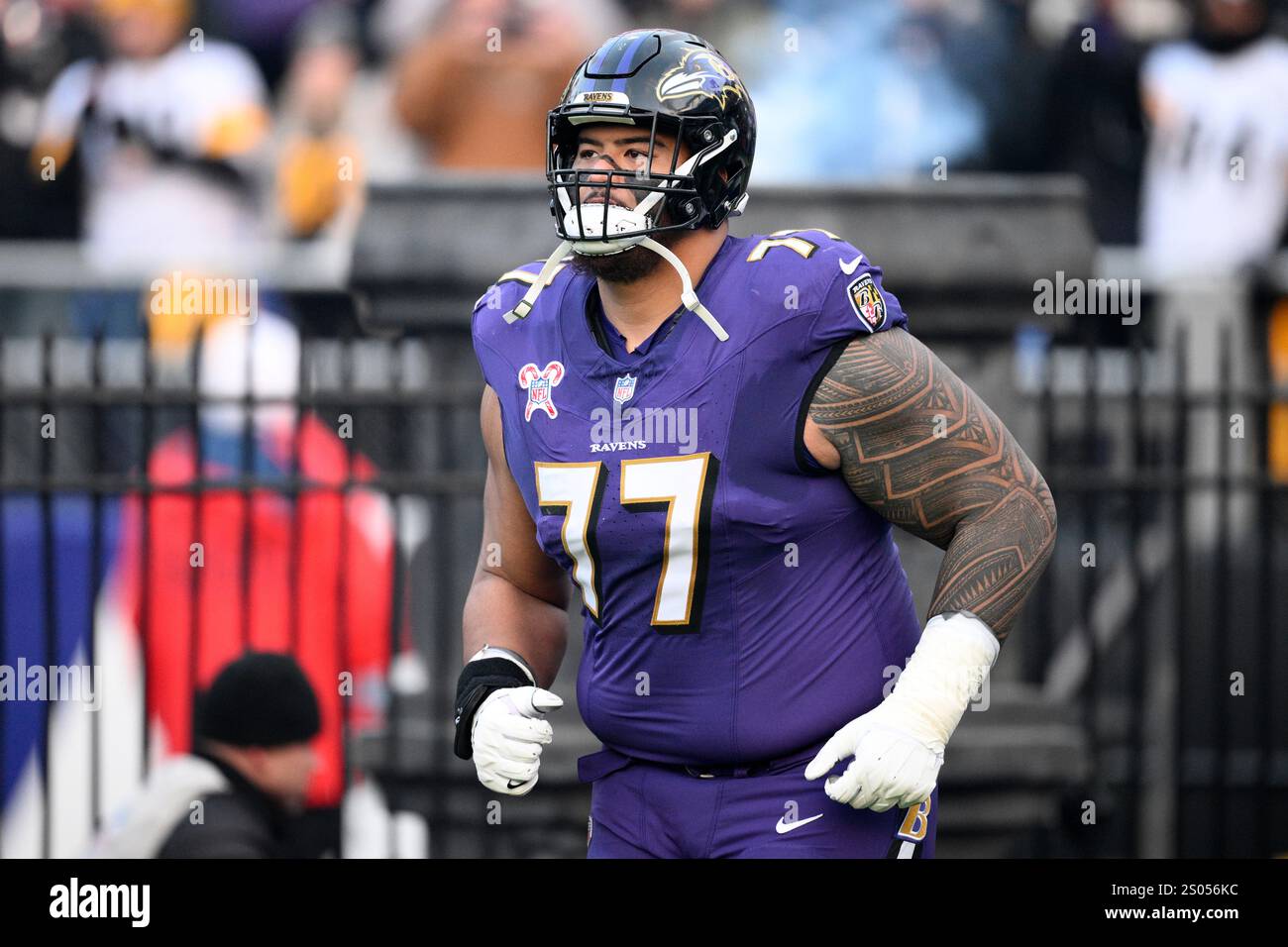 Baltimore Ravens offensive tackle Daniel Faalele (77) takes to the ...
