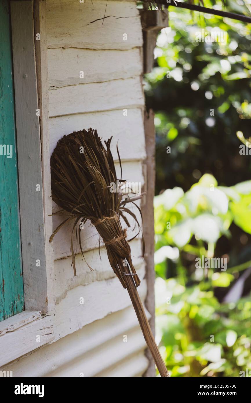 Rustic Natural Broom Leaning on House Exterior Facade Stock Photo - Alamy