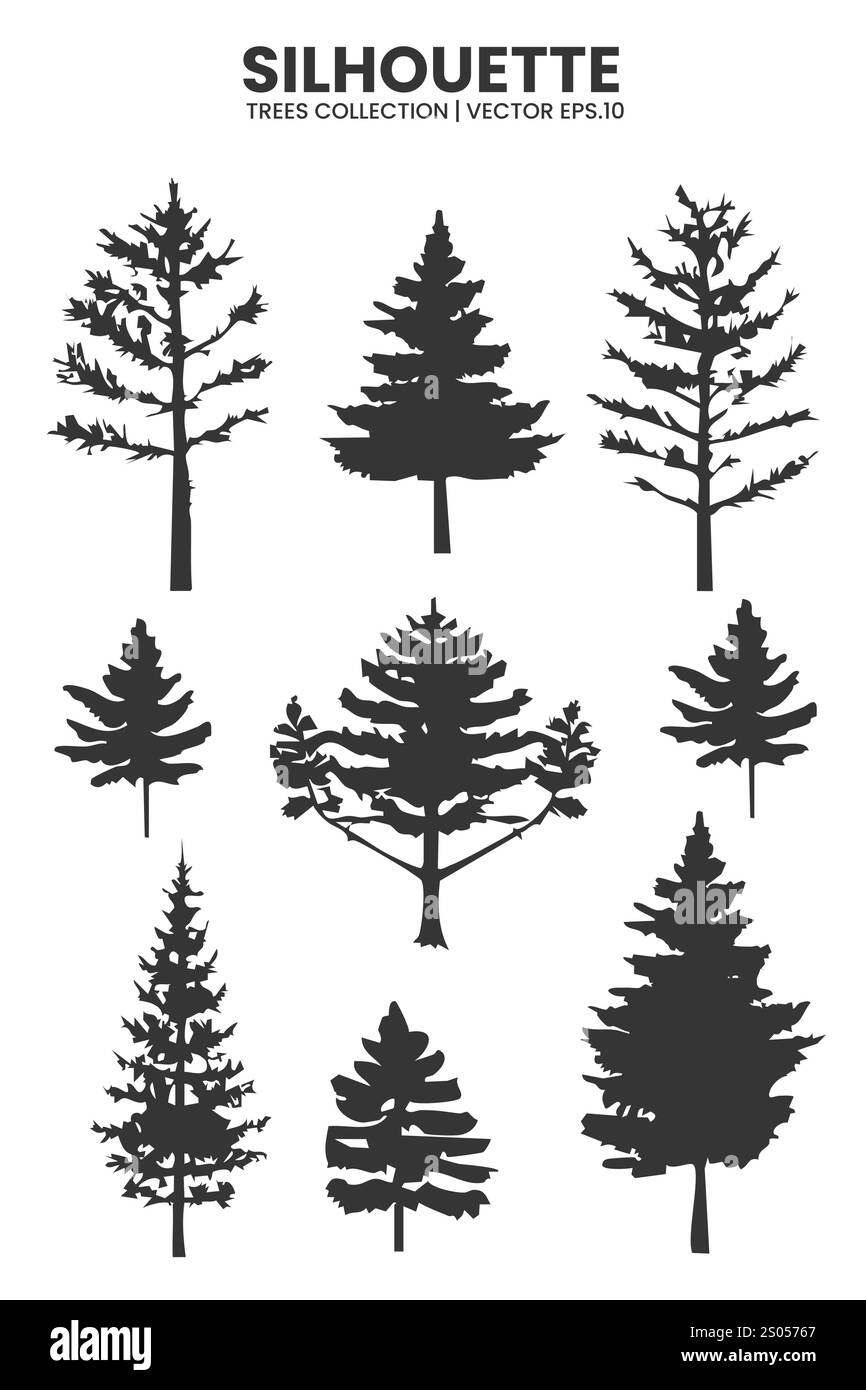 A collection of vector pine tree silhouettes in various styles Stock ...