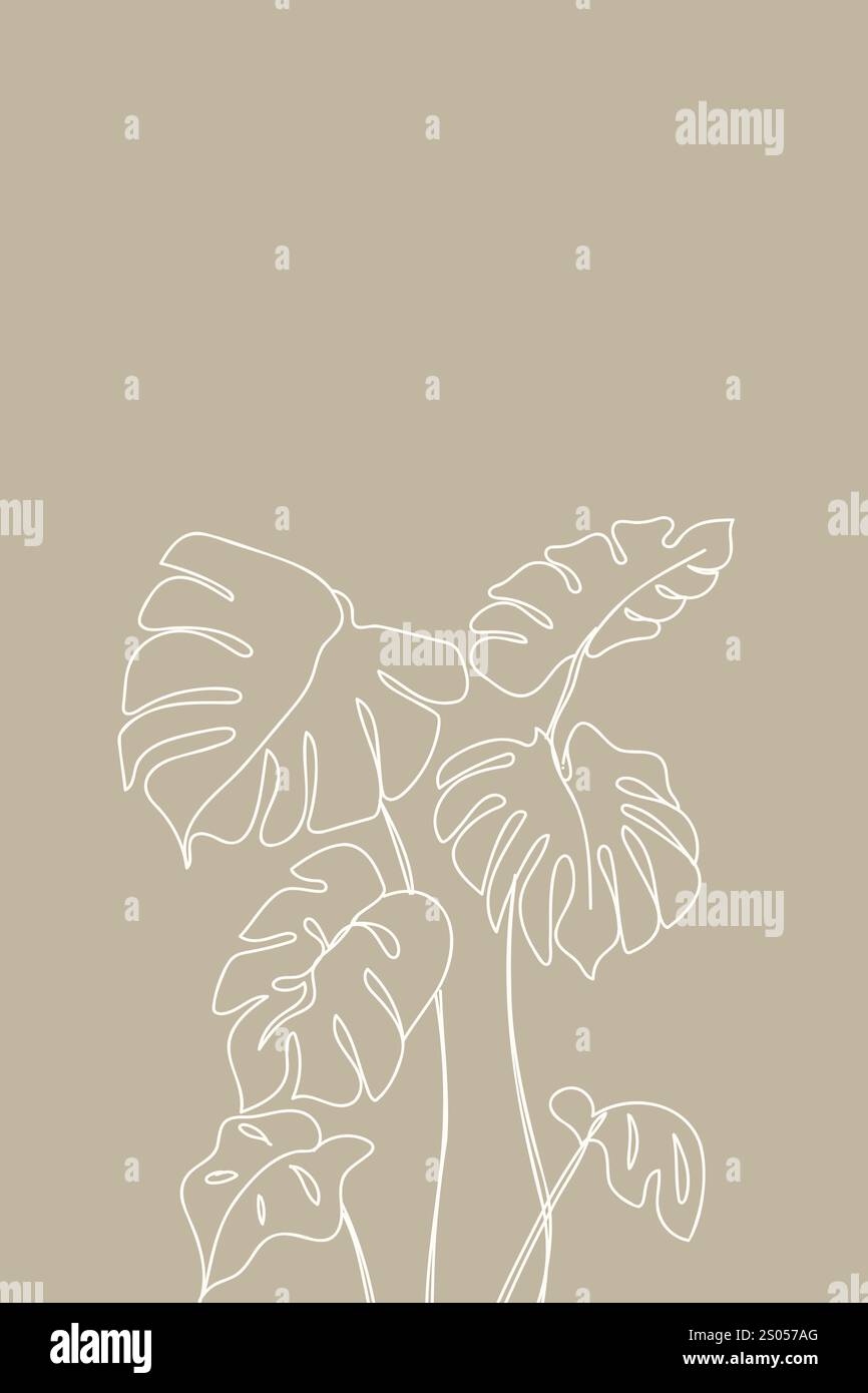 Hand-drawn white Line Art Monstera on Brown Background .Monstera leaf ...