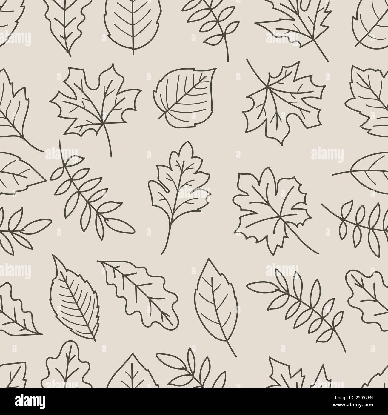 Seamless pattern of leaves in black line art isolated on brown ...