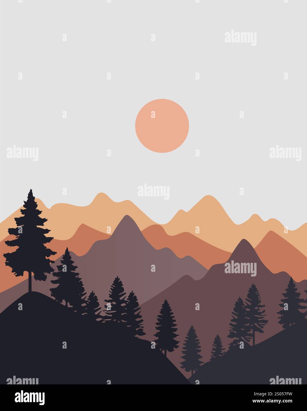 Abstract mountains vertical landscape with silhouette trees background ...