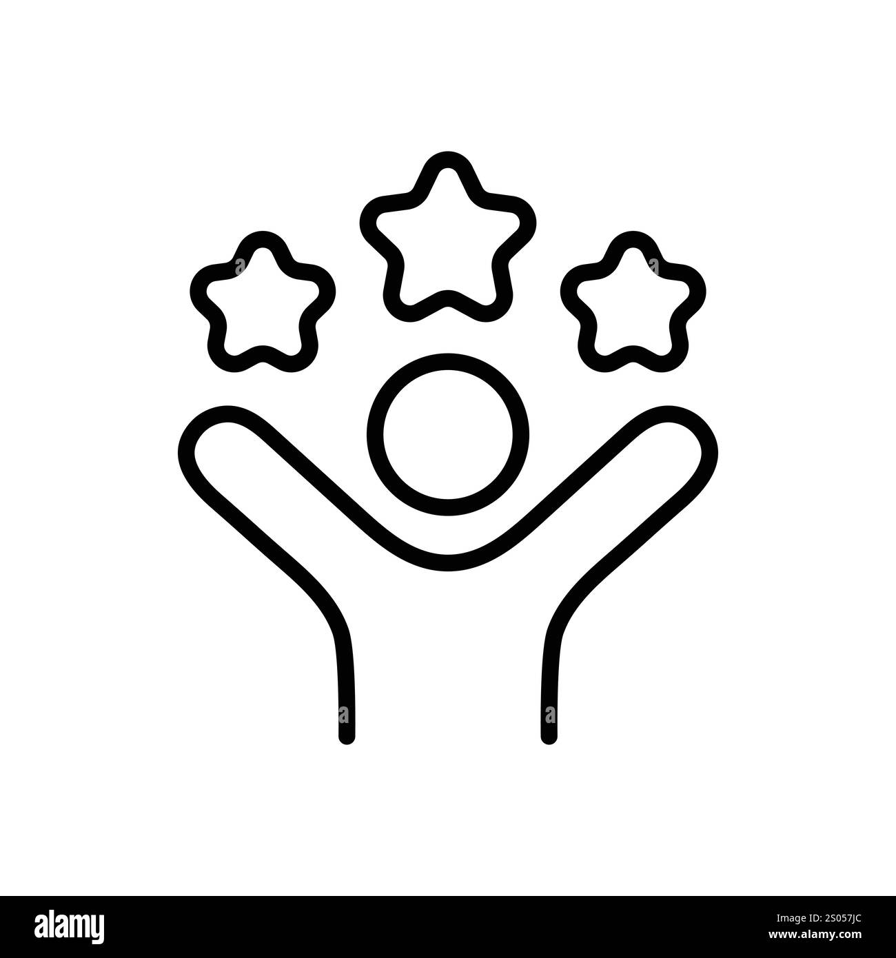 Outline icon of a person raising hands with three stars above ...
