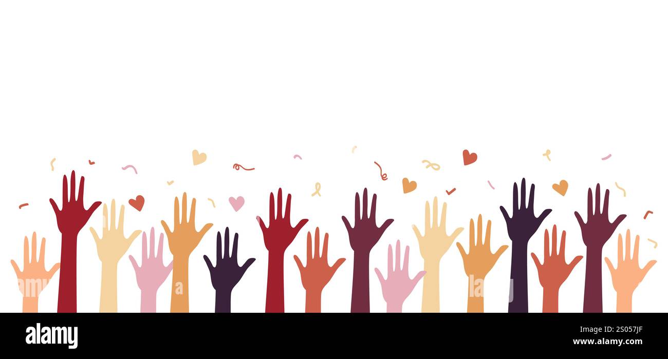 A vibrant vector illustration showing raised hands of volunteers ...