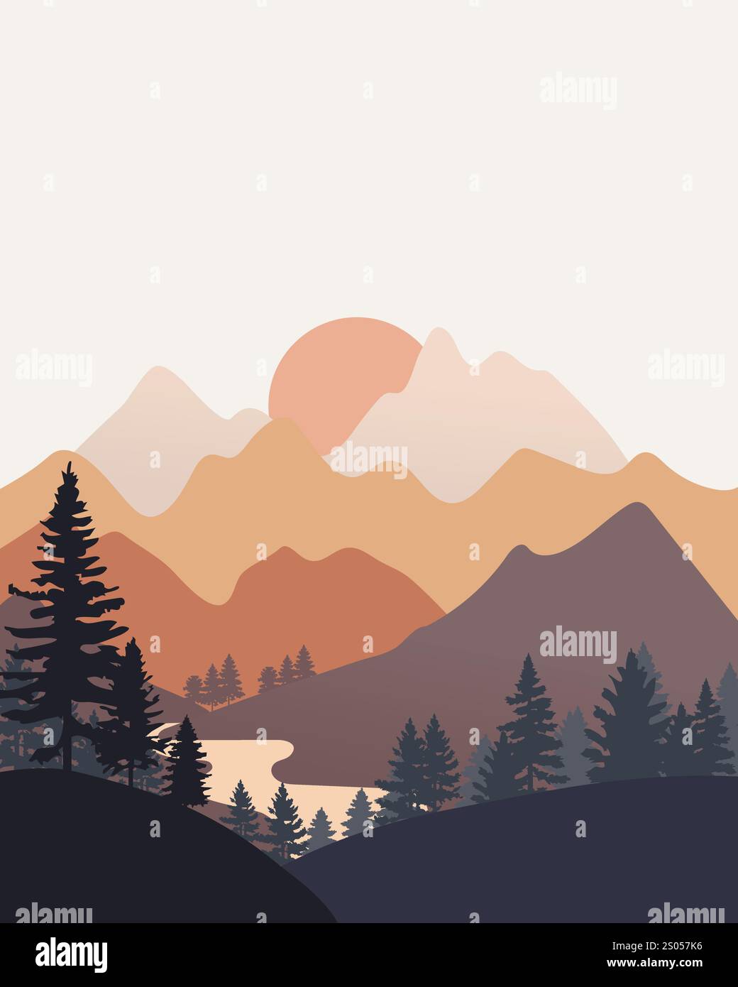 Abstract mountains vertical landscape with silhouette trees and river ...