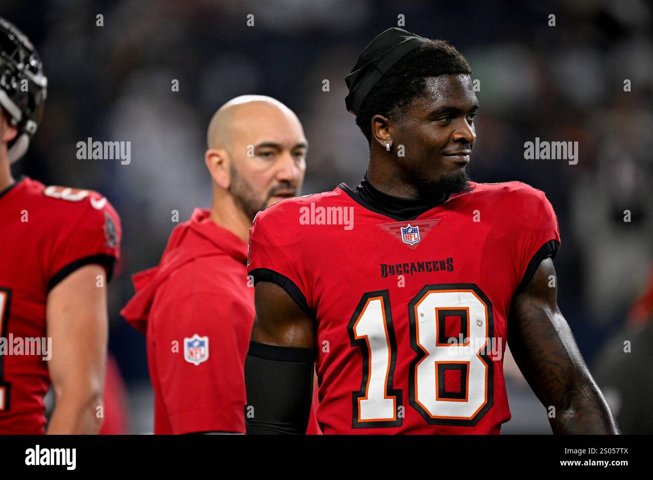 Tampa Bay Buccaneers wide receiver Rakim Jarrett warms up before an NFL ...