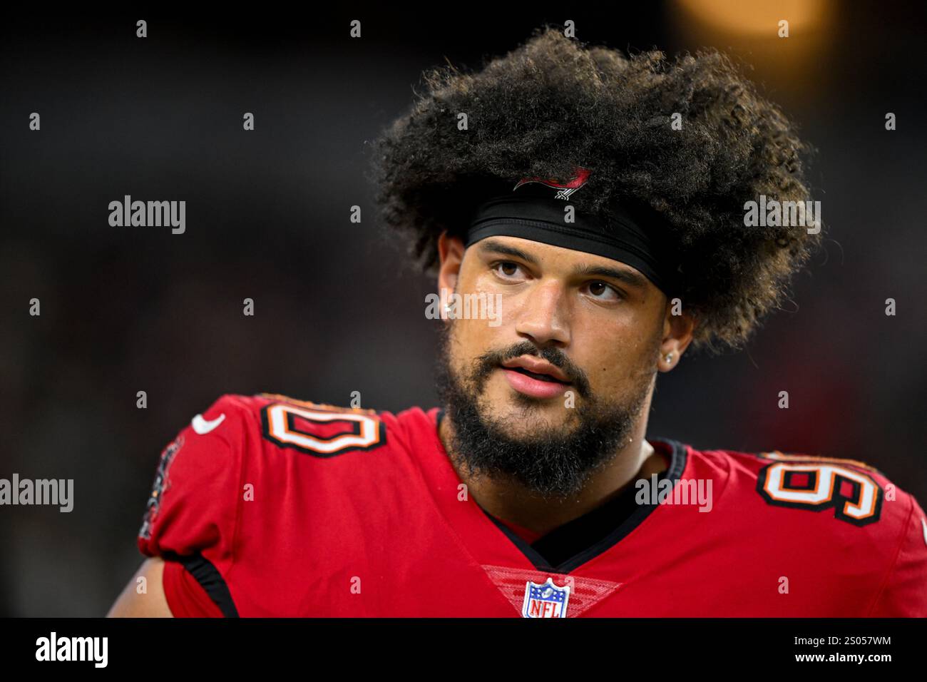 Tampa Bay Buccaneers defensive end Logan Hall warms up before an NFL ...