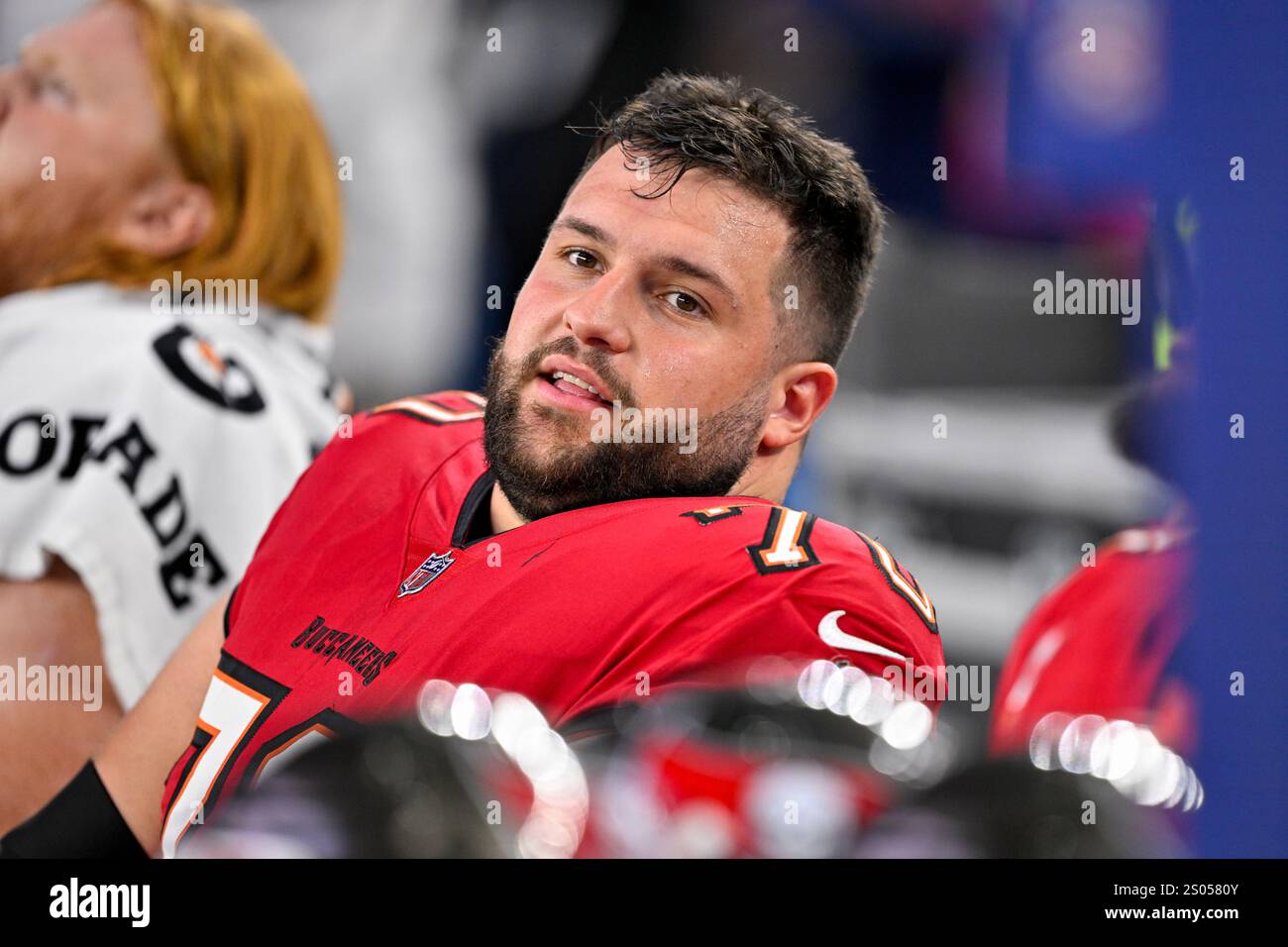 Tampa Bay Buccaneers center Robert Hainsey looks on from the sidelines ...