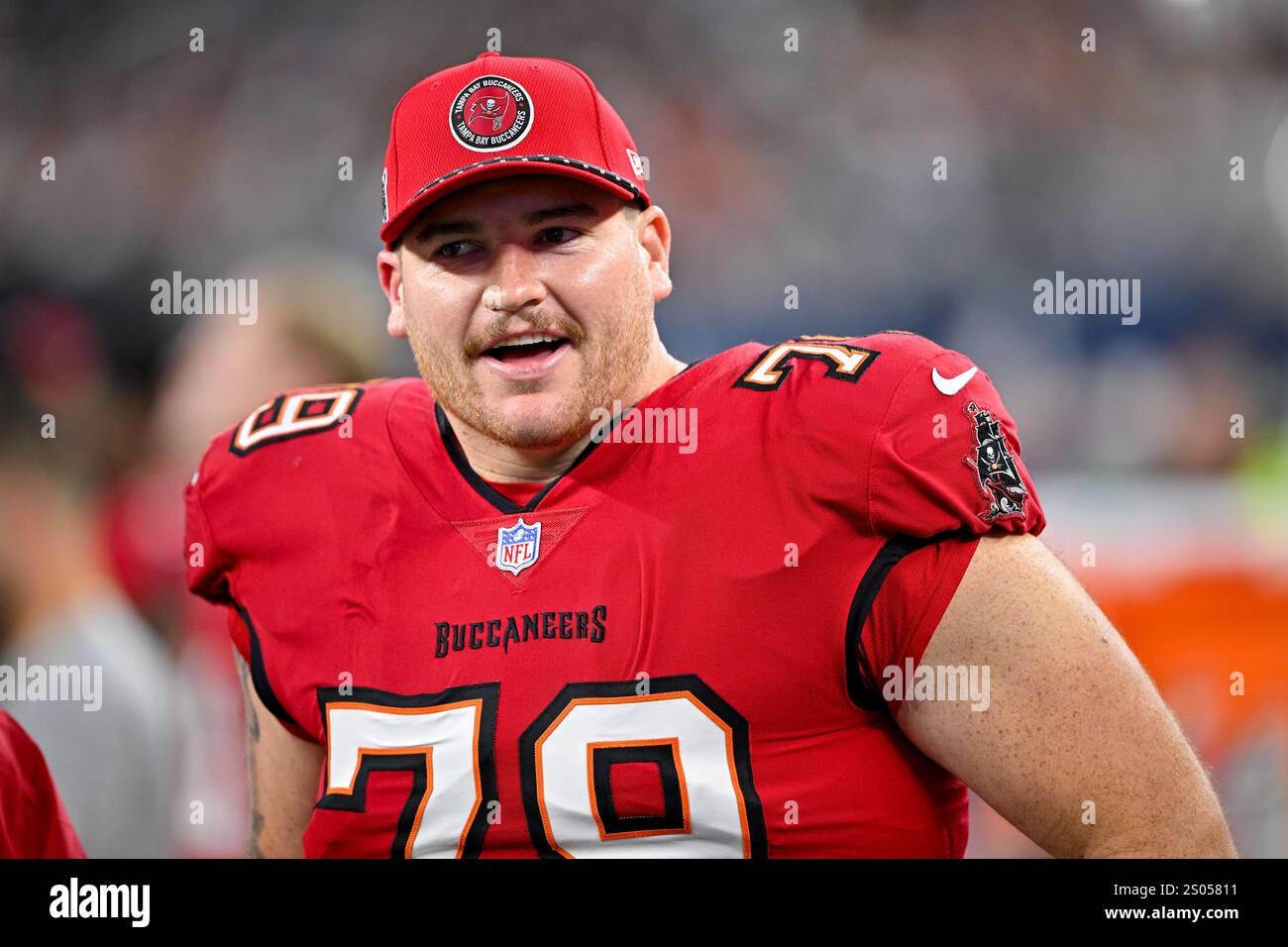 Tampa Bay Buccaneers guard Elijah Klein looks on from the sidelines ...