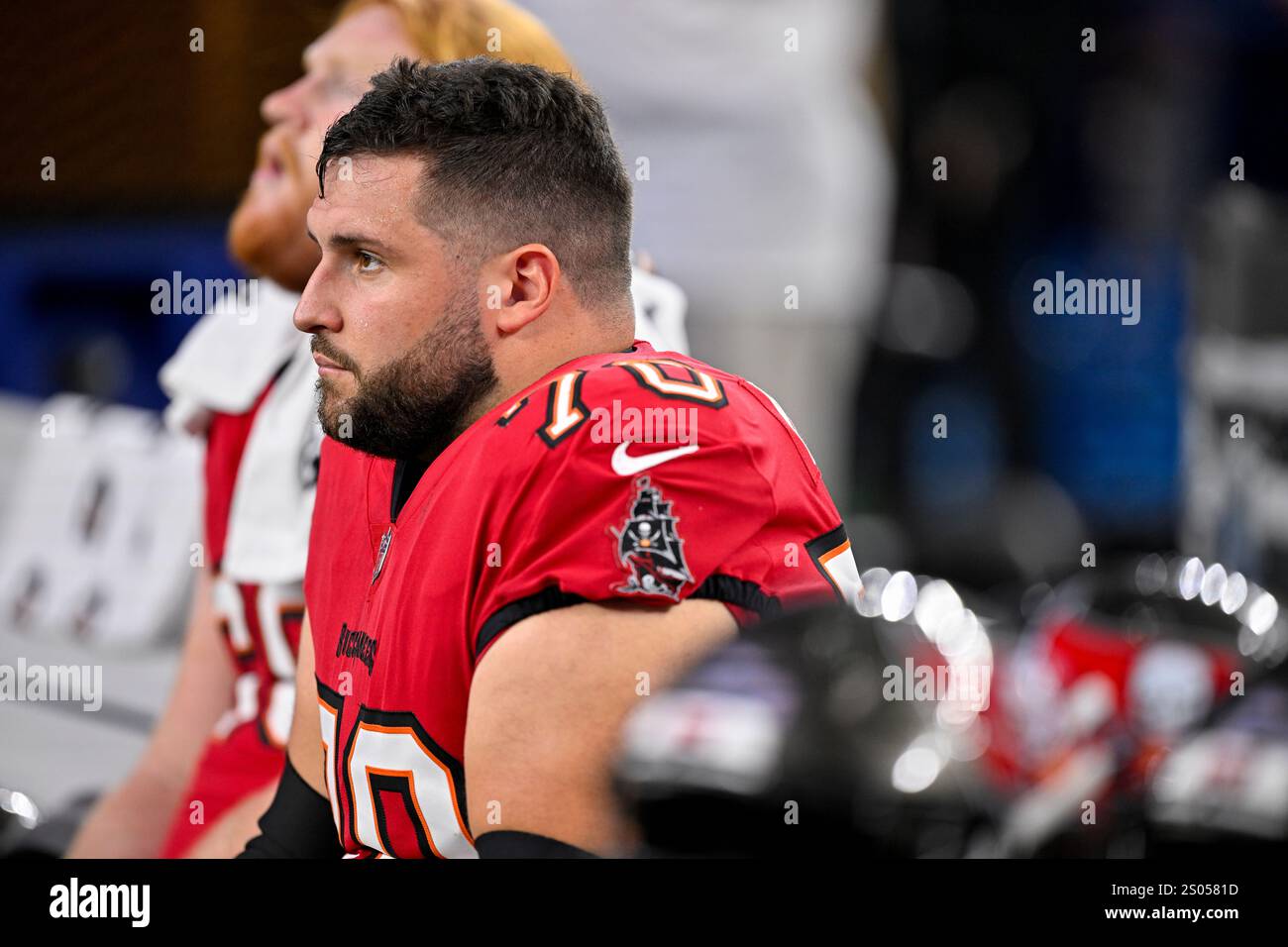 Tampa Bay Buccaneers center Robert Hainsey looks on from the sidelines ...