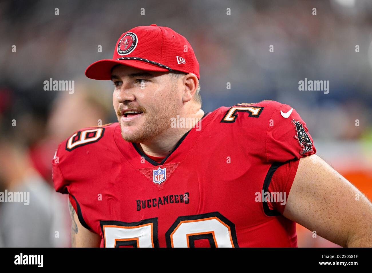 Tampa Bay Buccaneers guard Elijah Klein looks on from the sidelines ...