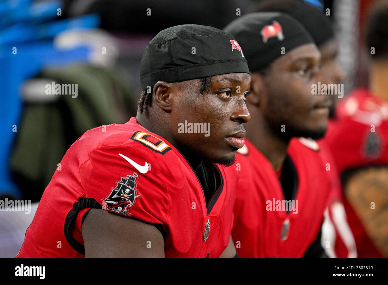 Tampa Bay Buccaneers linebacker Yaya Diaby looks on from the sidelines ...
