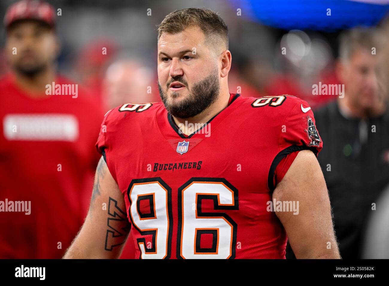 Tampa Bay Buccaneers defensive tackle Greg Gaines looks on from the sidelines before an NFL ...