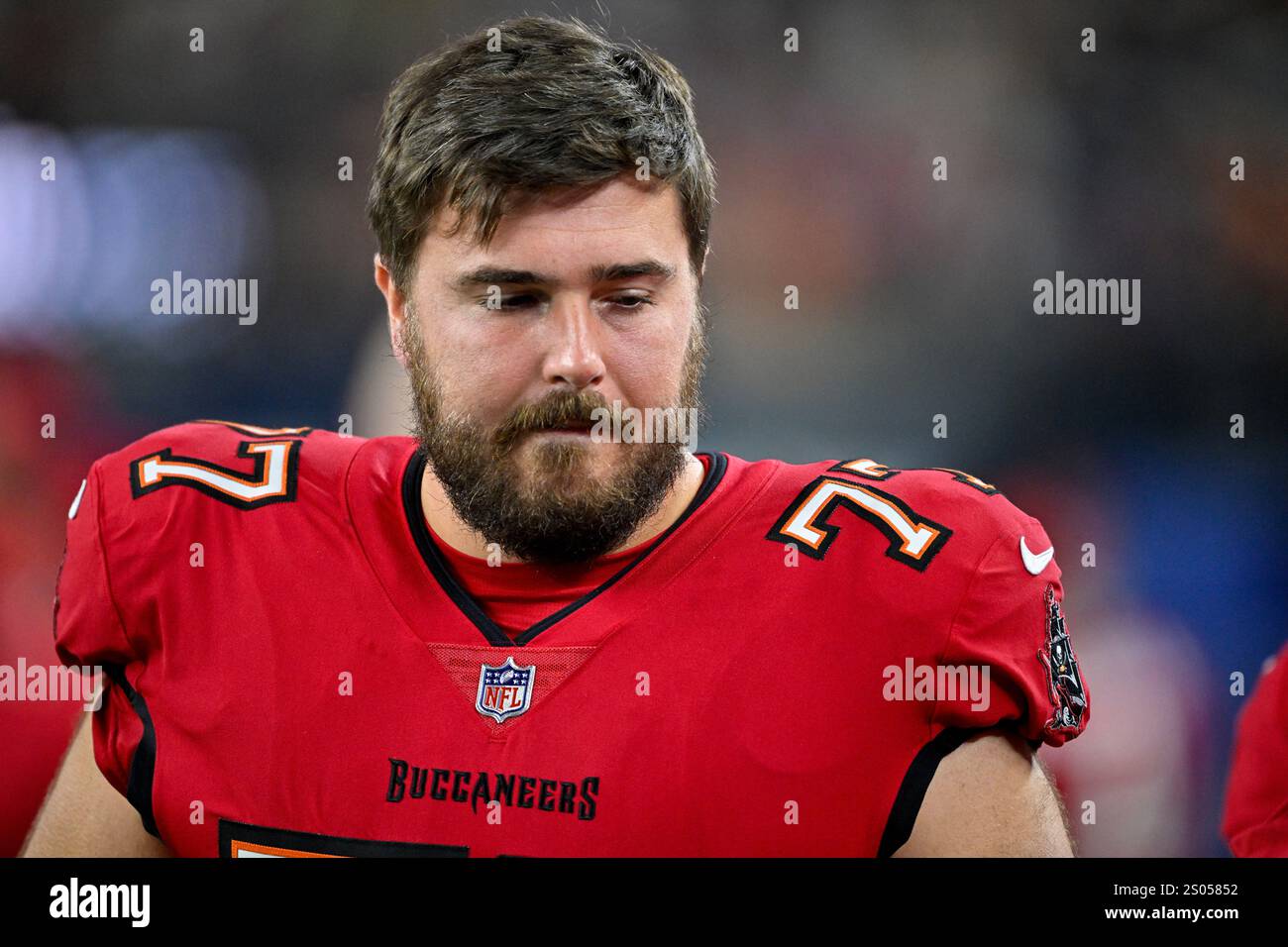 Tampa Bay Buccaneers offensive tackle Justin Skule (77) looks on from ...