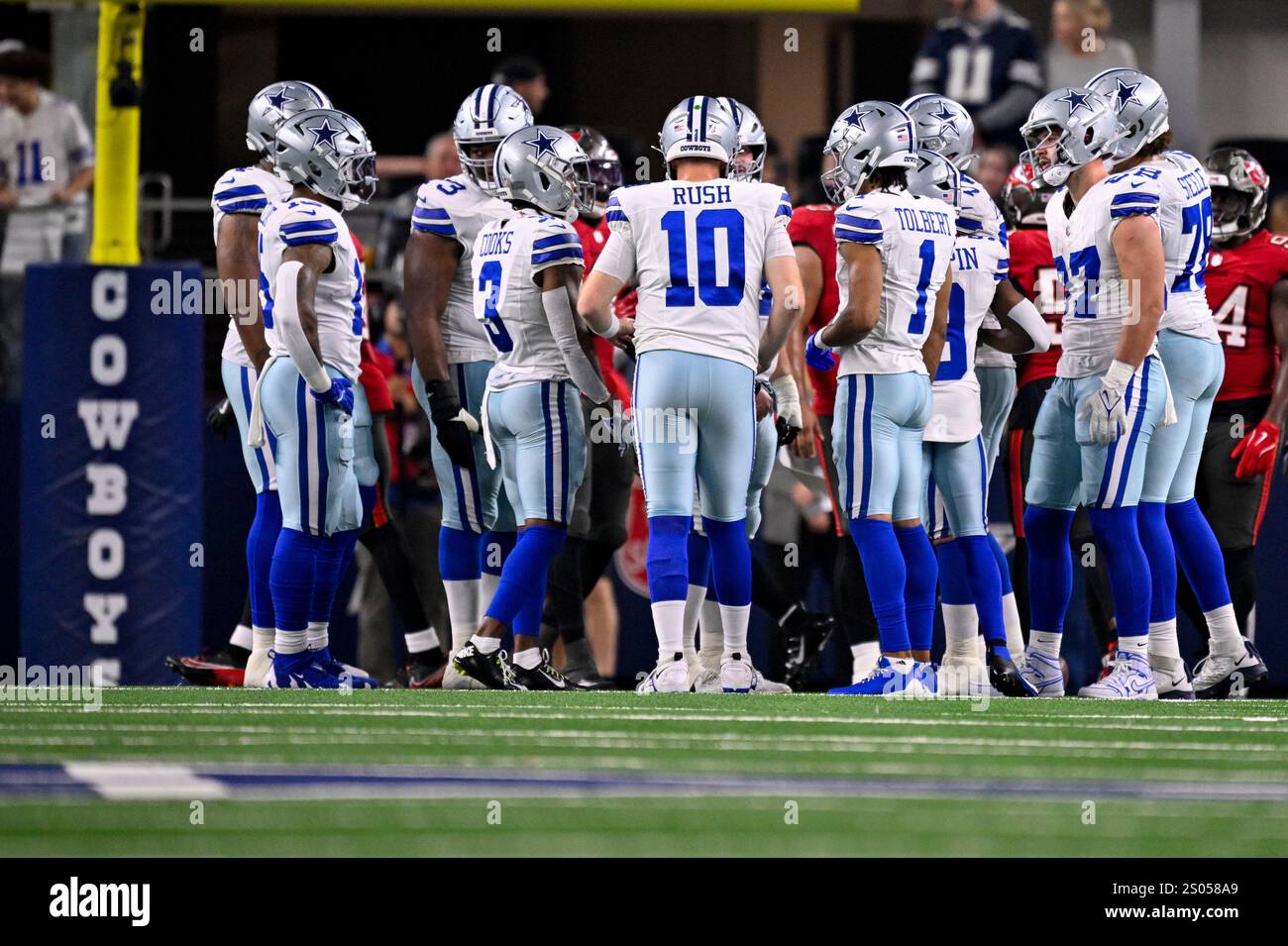 Dallas Cowboys quarterback Cooper Rush (10) huddles with the offense ...