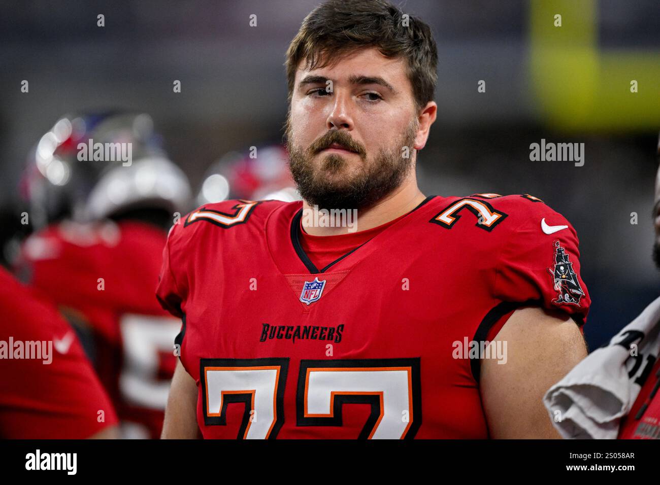 Tampa Bay Buccaneers offensive tackle Justin Skule (77) looks on from ...