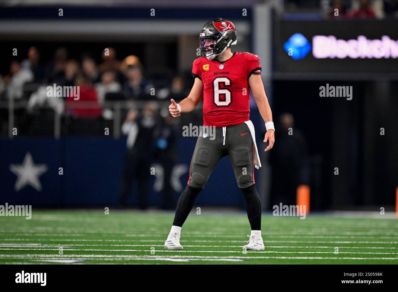 Tampa Bay Buccaneers quarterback Baker Mayfield (6) walks on the field ...