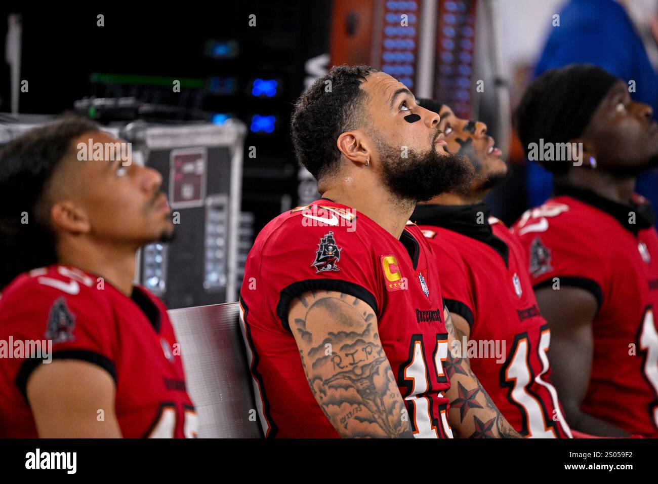 Tampa Bay Buccaneers wide receiver Mike Evans (13) looks on from the ...
