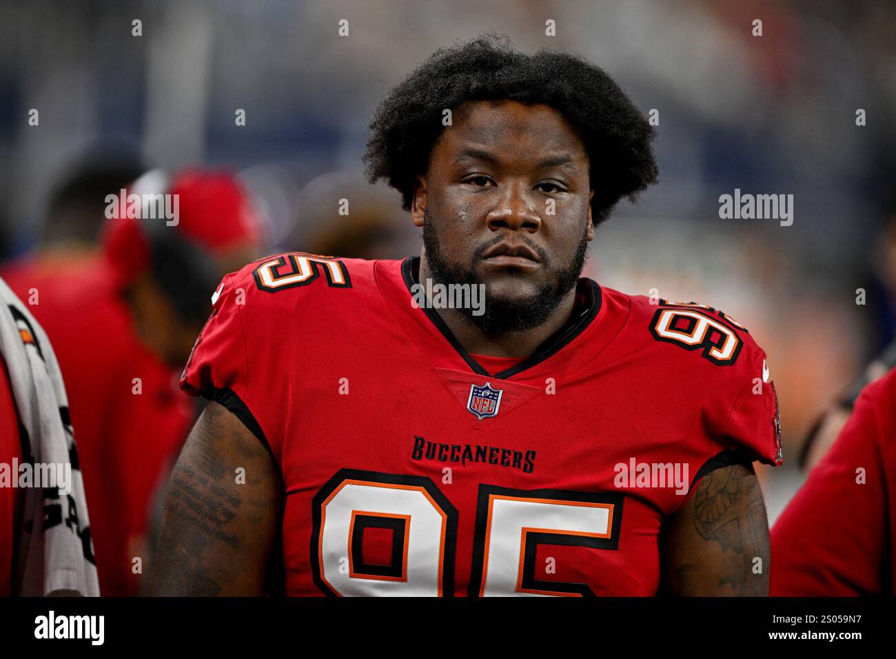 Tampa Bay Buccaneers defensive tackle C.J. Brewer (95) looks on from ...