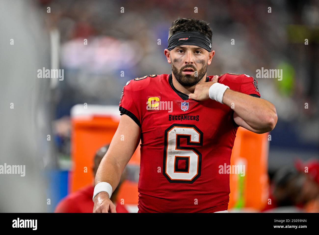 Tampa Bay Buccaneers quarterback Baker Mayfield (6) looks on from the ...