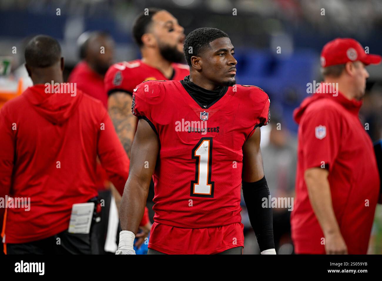 Tampa Bay Buccaneers running back Rachaad White (1) looks on from the ...